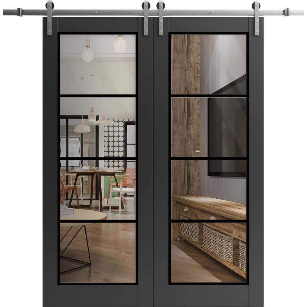 Sartodoors 30 in. x 84 in. 2 Panel Clear Glass Black Matte Solid Wood ...