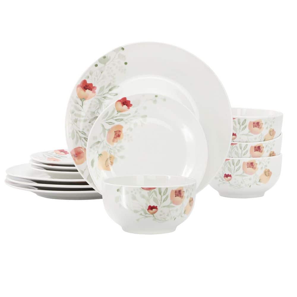 Elama Poppy 12-Piece Porcelain Dinnerware Set, Service for 4 in. White ...