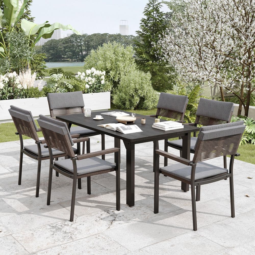 AURA OUTDOOR Gray 7-Piece Metal Outdoor Dining Set with Rectangle Table ...