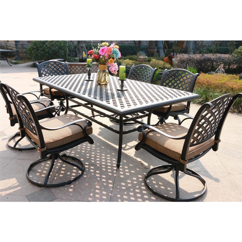 Mondawe Betanni Dark Gold 7-Piece Aluminum Rectangular 86 in. D Patio ...