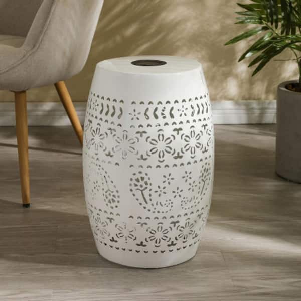 White Round Metal Outdoor Side Table with Built-in Solar Powered Light ...