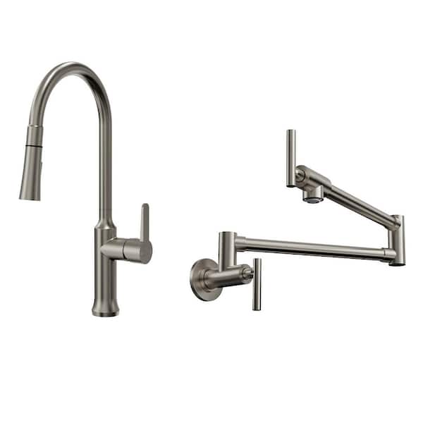 GRANDJOY 18.5 in. H Spout 360 Swivel Single Handle Pull Out 2-Sprayer ...