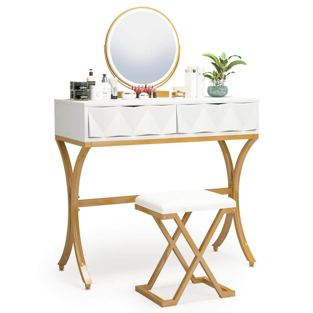 Tribesigns Virginia 55 in. White Gold Makeup Vanity Table with 3-Colors ...