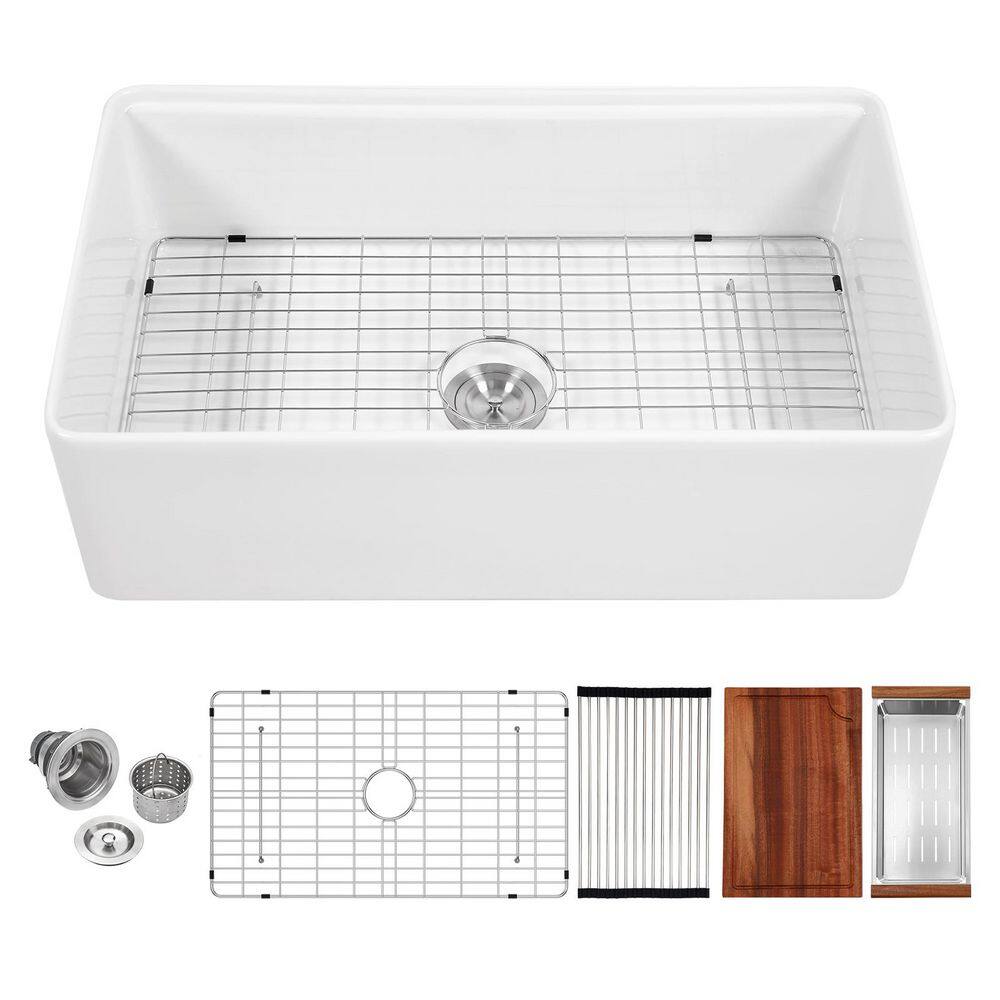 Logmey 33 in. x 20 in. Farmhouse Single Bowl Workstation White Fireclay ...