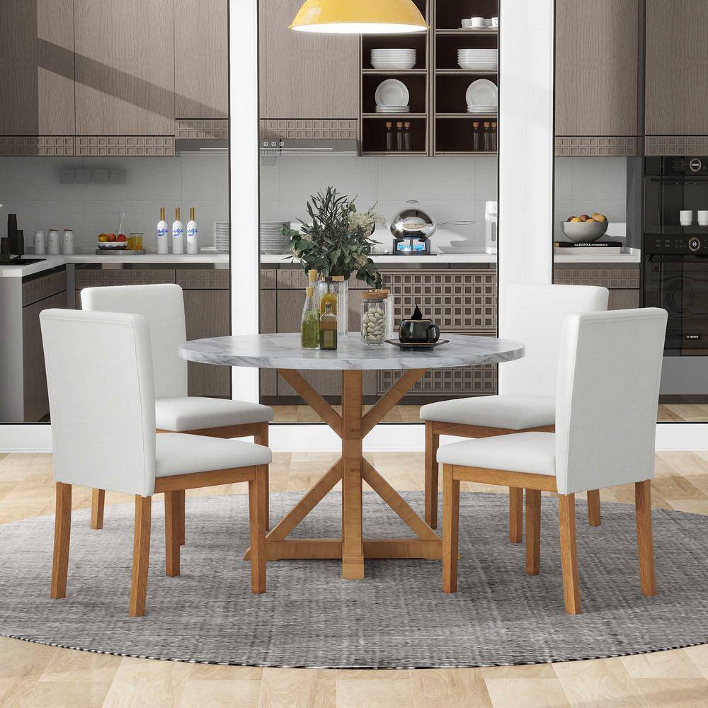 Harper & Bright Designs 5-Piece Round White and Walnut Wood Dining Set with Marble Sticker and ...