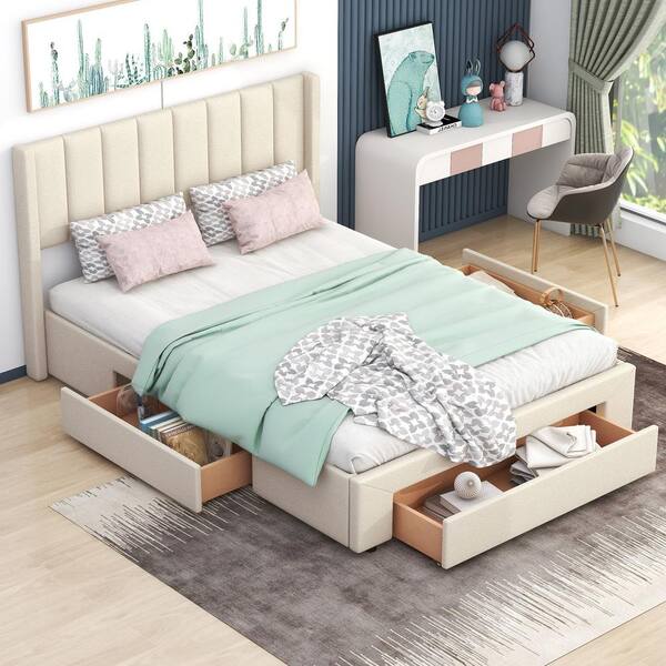Harper And Bright Designs Beige Wood Frame Queen Size Linen Upholstered