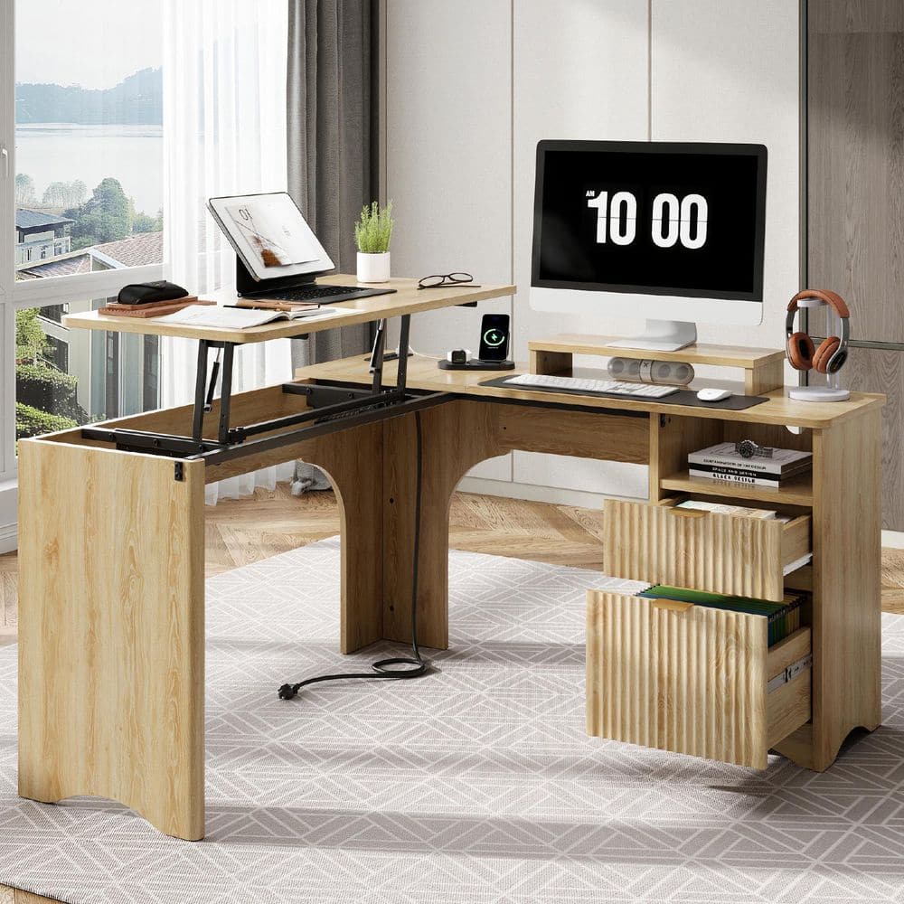 Bestier 55 in. Natural 2-Storage Drawers L-Shaped Computer Desk with ...