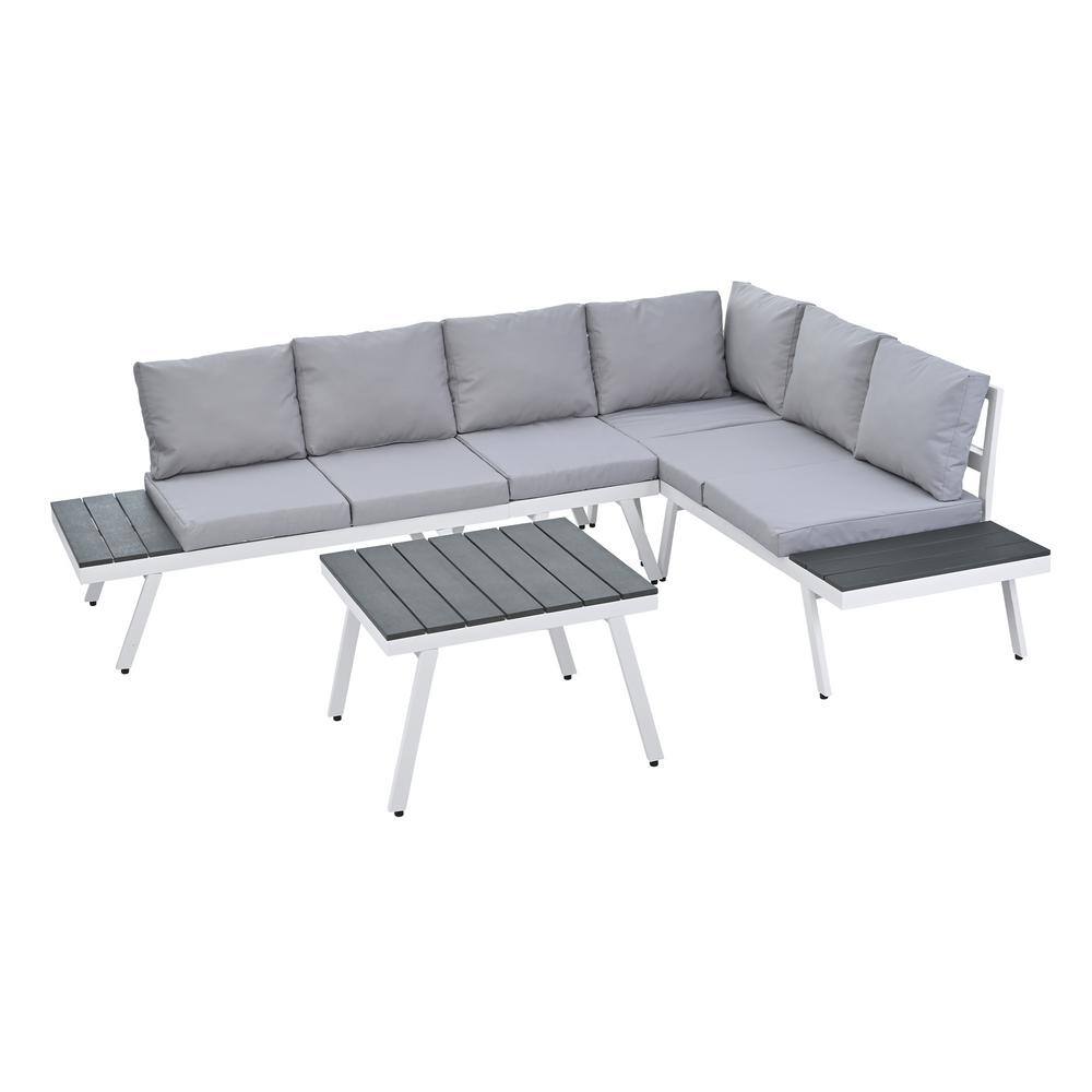 Cesicia White 5-Piece Aluminum Outdoor Sectional Set with Gray Cushions ...