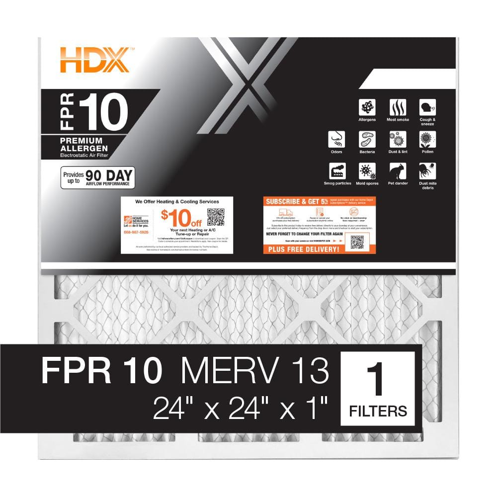 HDX 24 in. x 24 in. x 1 in. Premium Pleated Air Filter FPR 10, MERV 13 ...