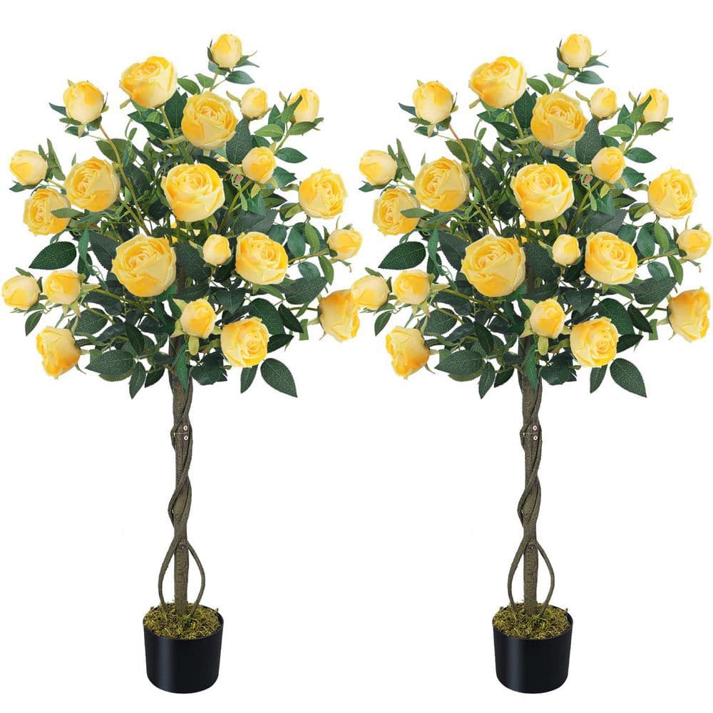 2-Pack 4 ft. Artificial Yellow Rose Trees in Black Pots-52 Blooms w ...