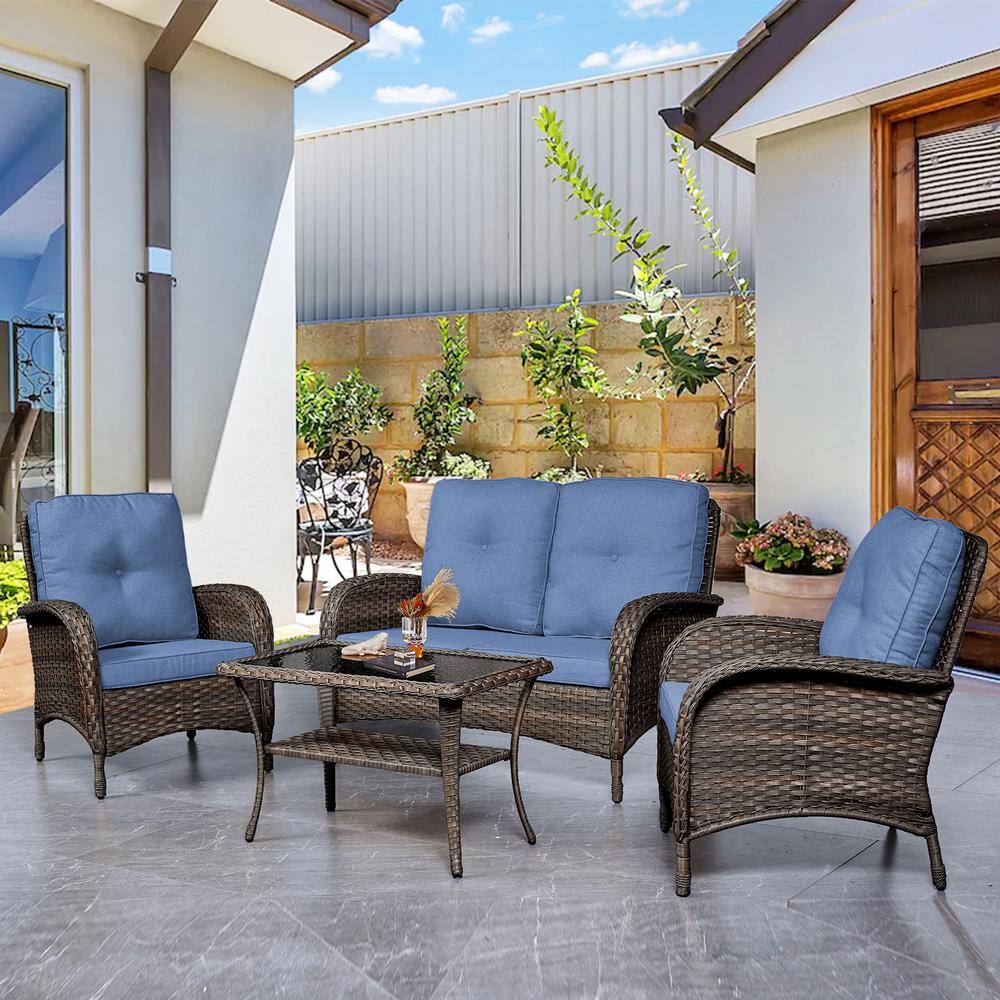 Pocassy Brown 4-Piece Wicker Outdoor Loveseat Set Patio Rattan Loveseat ...