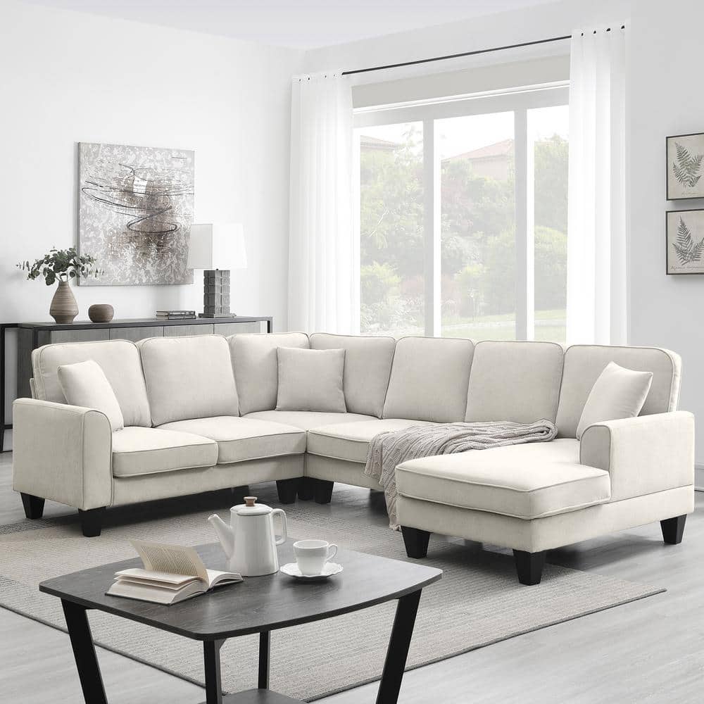 sumyeg 108 in. U Shape 7-Seat Polyester Rectangle Sectional Sofa in Beige with 3-Pillows SY-GN ...