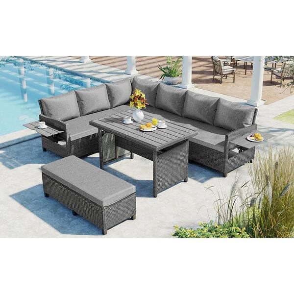 5 Piece Market Wicker Outdoor Patio Sectional Set L Shaped Garden Furniture Set with 2 Tables with Gray Cushions