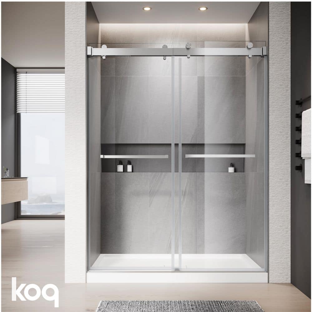 KOQ 60 in. W x 72 in. H Soft Closing Double Sliding Frameless Shower Door in Brushed Nickel with ...