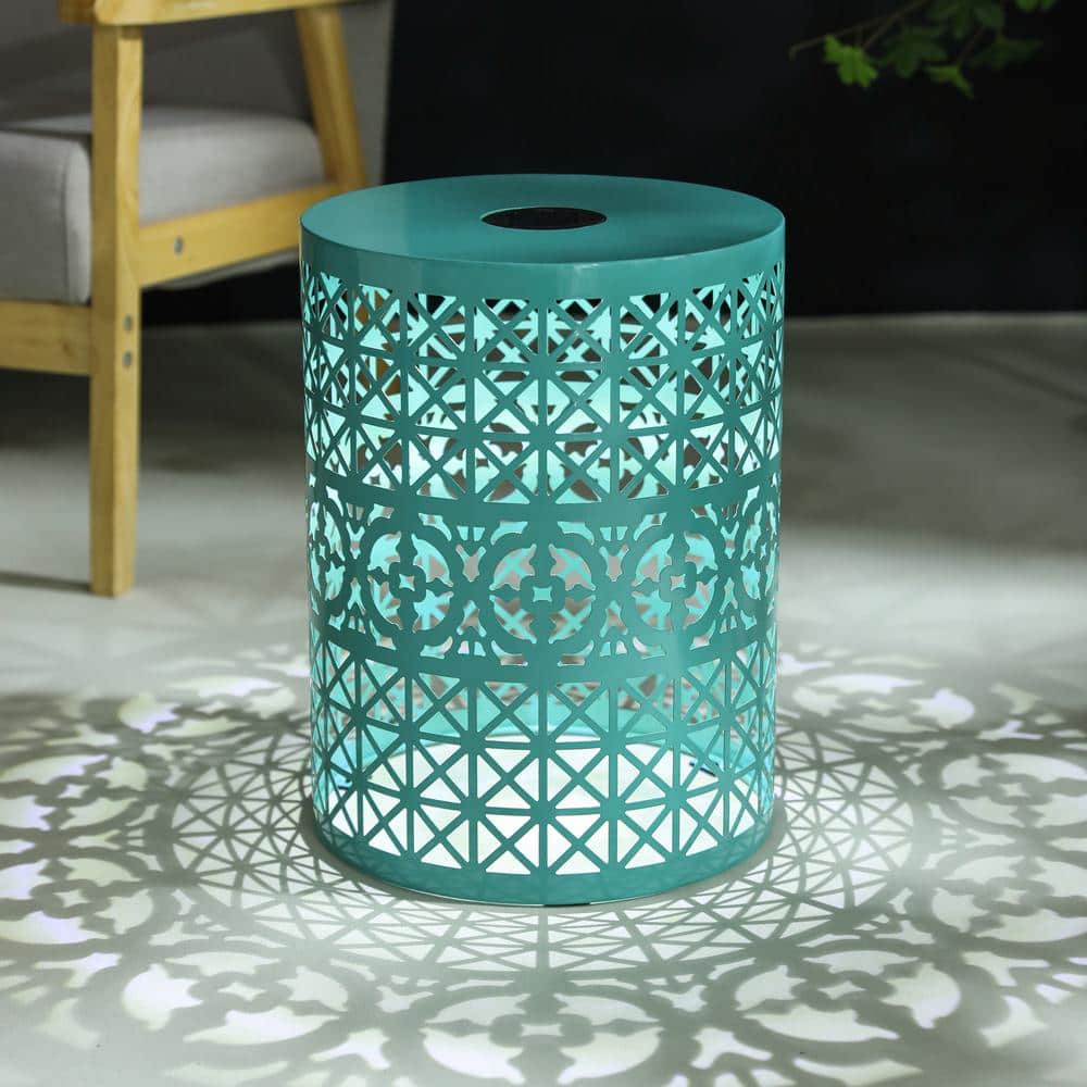 Noble House Herals Teal Iron Outdoor Patio Side Table with Solar ...