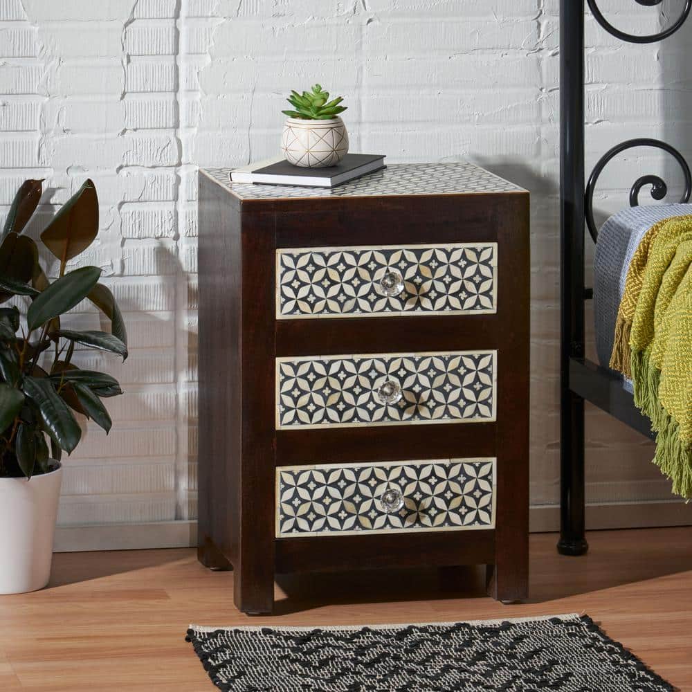 Noble House Bonsallo 3-Drawer Dark Walnut Nightstand (24.00 in. x 17.00 ...