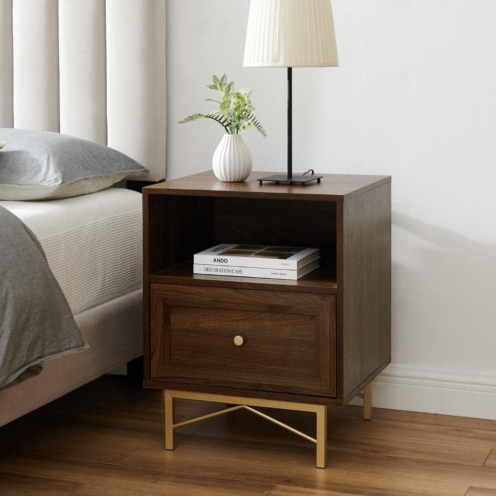 Welwick Designs 20 in. W.1 Drawer Dark Walnut Wood Nightstand with Gold ...