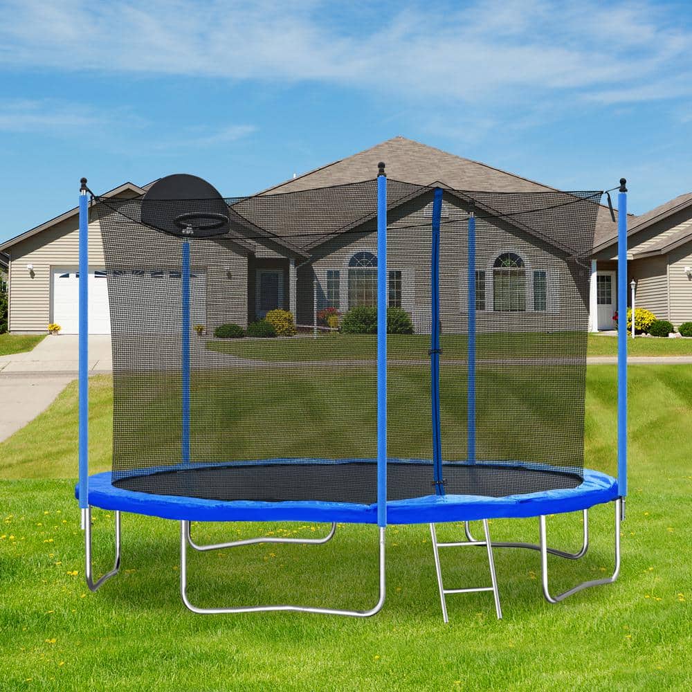 SUNRINX 12 ft. Blue Round Trampoline with Safety Enclosure Net and Basketball Hoop MG65-6-DSJ ...