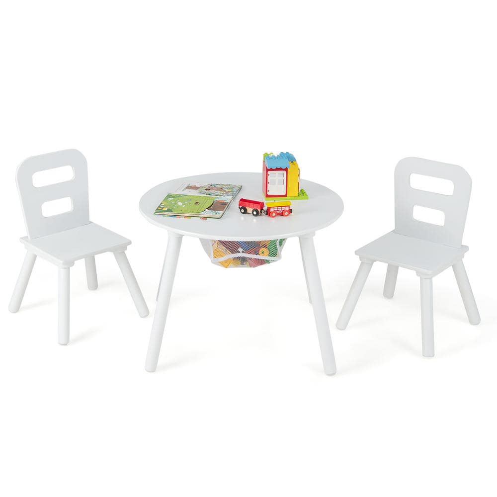 Costway Kids Wooden White Round Table and 2 Chair Set with Center Mesh ...