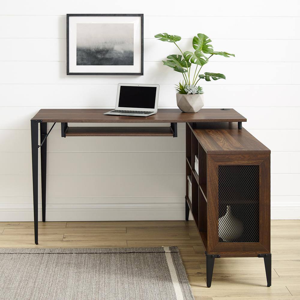 Welwick Designs 52 in. L-Shaped Dark Walnut Computer Desks with ...