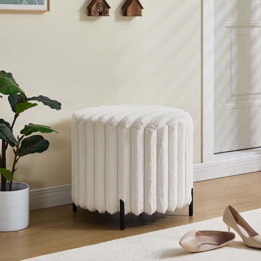 SereneVita Beige Polyester Upholstered Round Pouf Ottoman, Floor Pouf ...