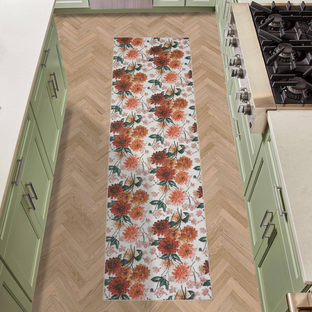 Laura Ashley Dahlias Floral Chenille Red Ivory 2 ft. x 8 ft. Polyester ...