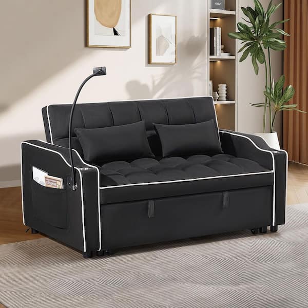 Lirago 55 in. Black Suede Twin Size Sofa Bed with USB Port, Ashtray and ...