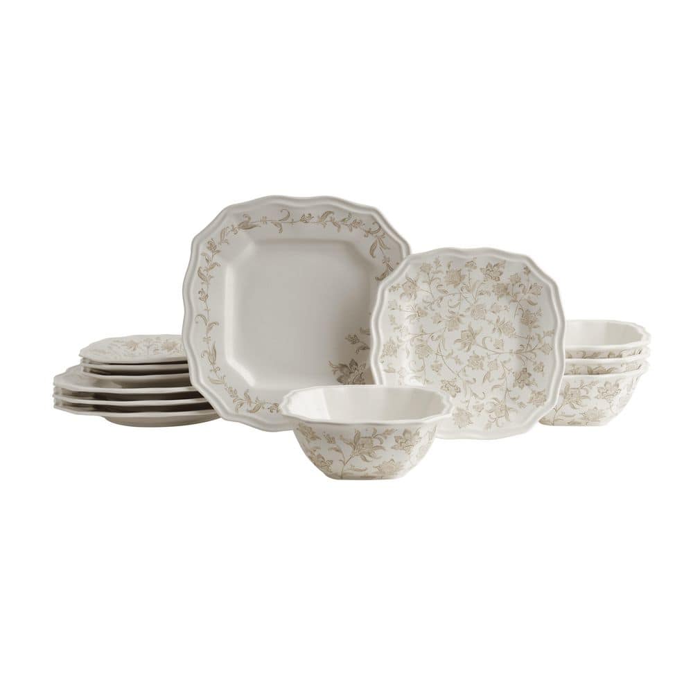 222 Fifth Batik Toile Taupe Porcelain 12-Pieces Dinnerware Set ...