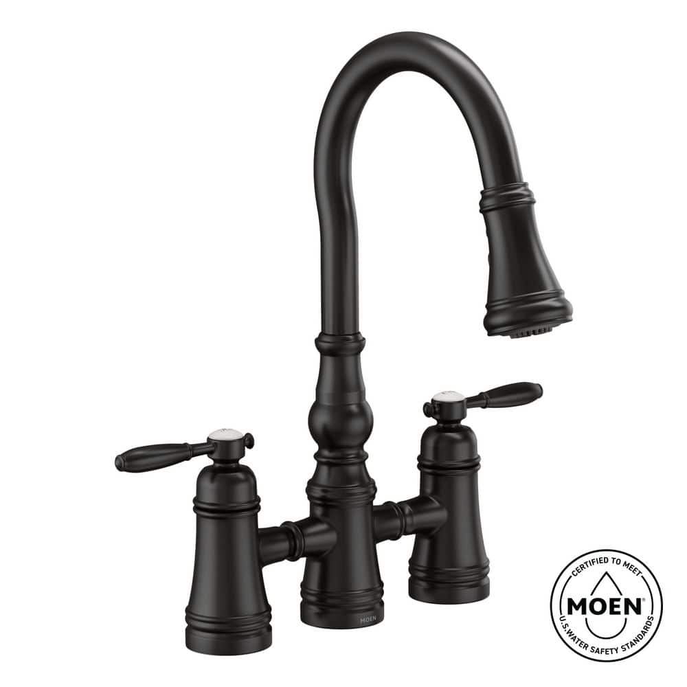 MOEN Weymouth 2-Handle High-Arc Bridge Kitchen Faucet with Power Boost ...