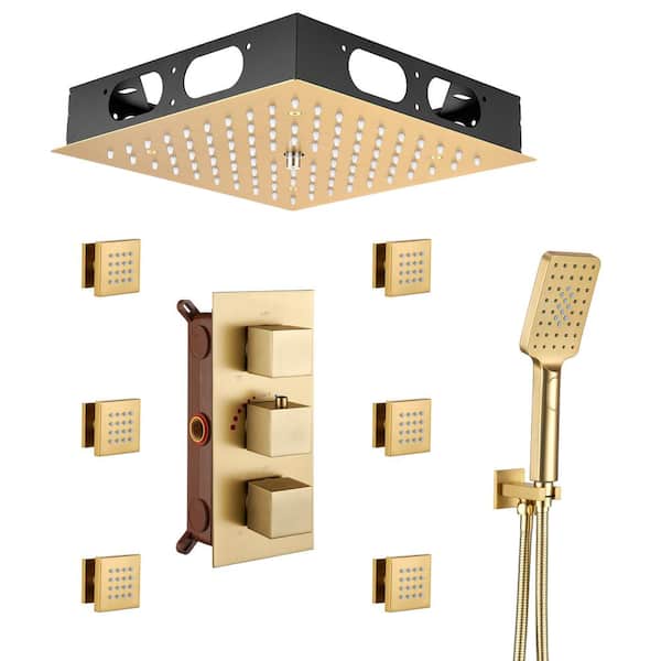 Luxury Thermostatic LED 4-Spray Patterns 12 in. Flush Ceiling Mount Rainfall Dual Shower Heads ...