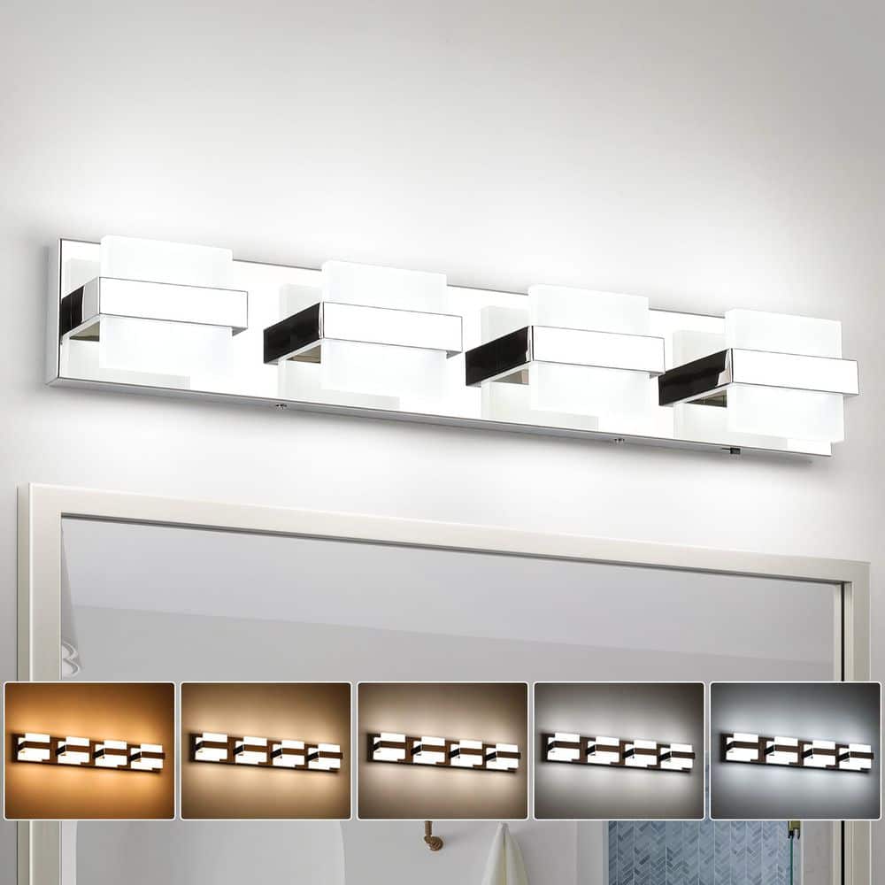 JUSHENG 26.77 in. 4-Light Chrome LED Bathroom Vanity Light with 5-CCT ...