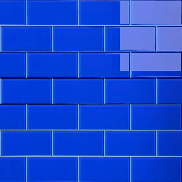 MOLOVO Crystile Electric Blue 3 in. x 6 Subway Glossy Glass Mosaic Tile ...