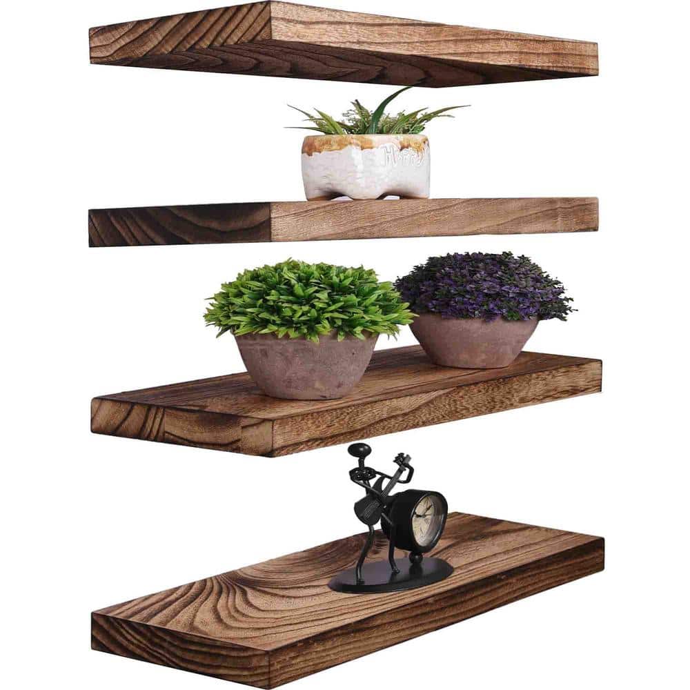 17 in. W x 6 in. D Light Walnut Wood Decorative Wall Shelf - Set Of 4 ...