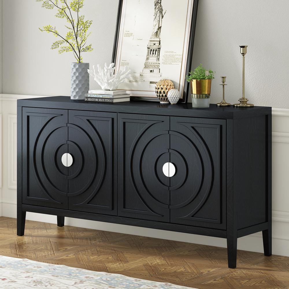 Harper & Bright Designs Retro Style Black Wood 60 in. Sideboard with ...