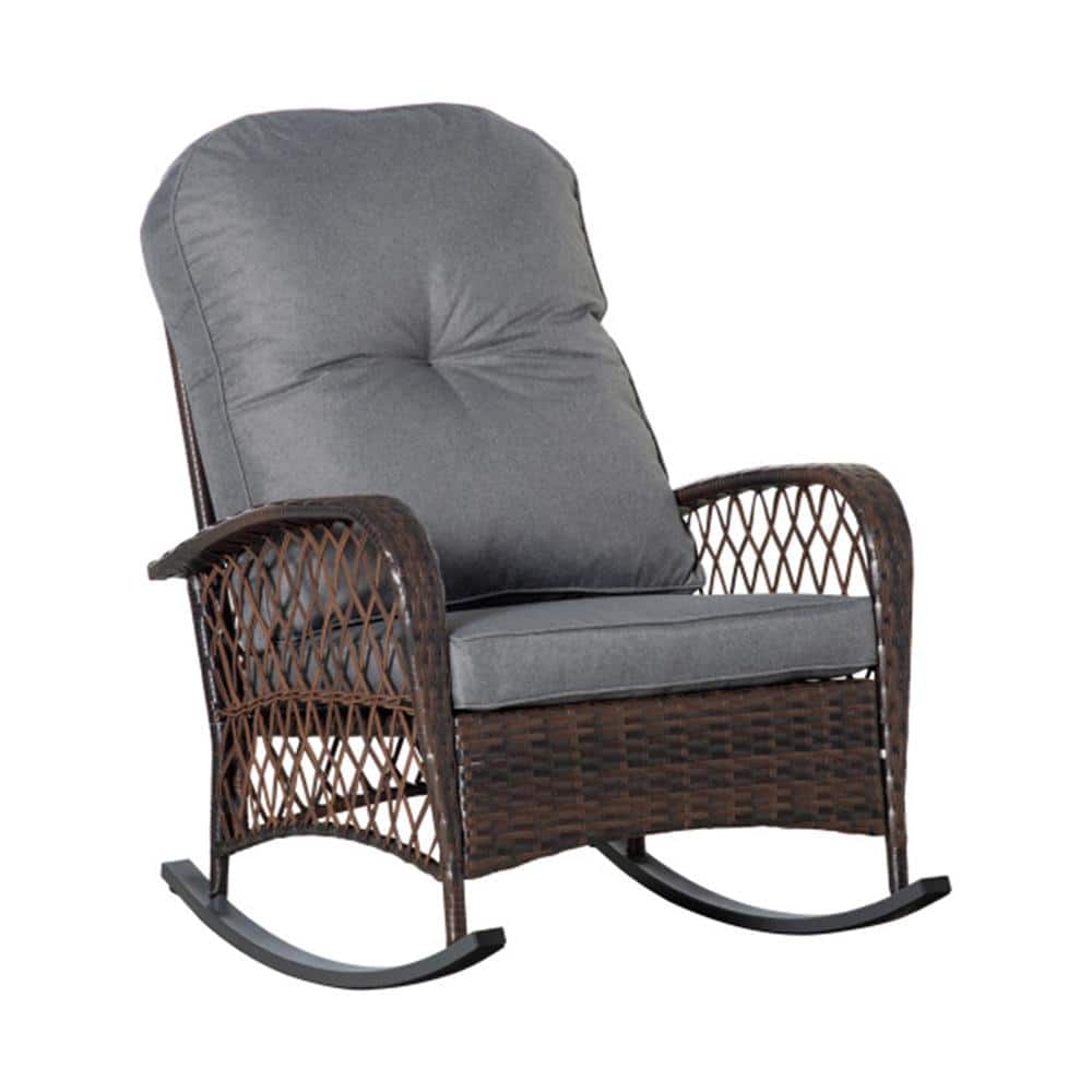 ITOPFOX 1-Piece Gray PE Wicker Outdoor Rocking Chair Wide Seat with ...