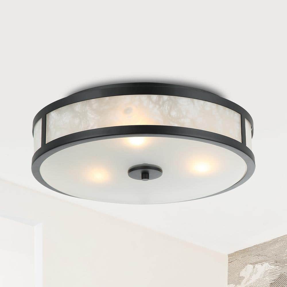 Flint Garden 15.7 in. 3-Light Black Flush Mount with Drum White Glass ...