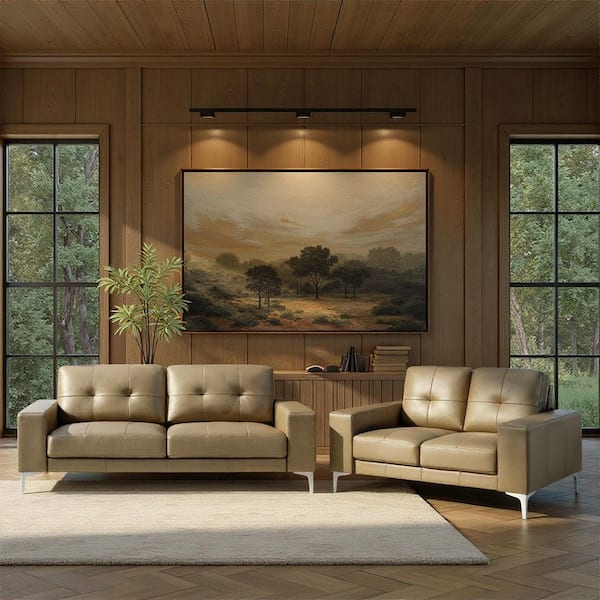 Armen Living Faelin 2-Piece Leather 5 Seat Living Room Set in Khaki ...