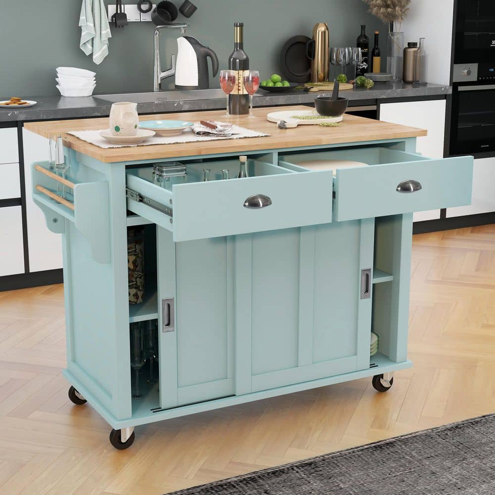 A Mint Green Kitchen Cart with a Sliding Storage Cabinet ACM-4-MG - The ...