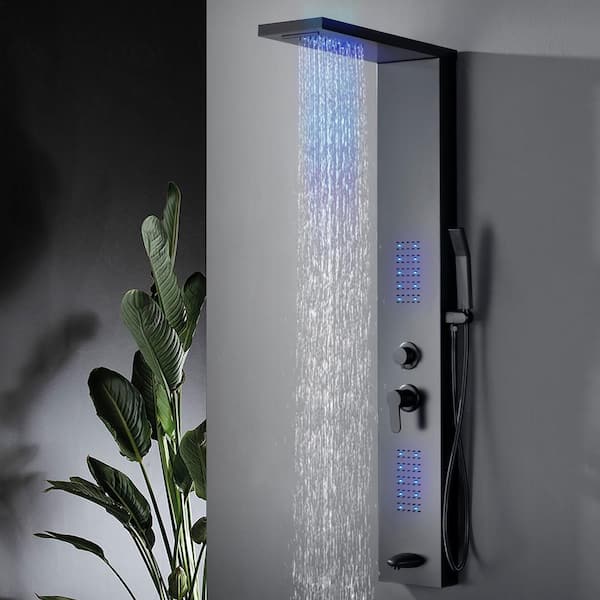 HOMEMYSTIQUE 4 in One 2 Jet Shower Panel Tower System With LED LED Rainfall Waterfall Shower Head and Massage Body Jets in Black NSTE0442B The Home Depot