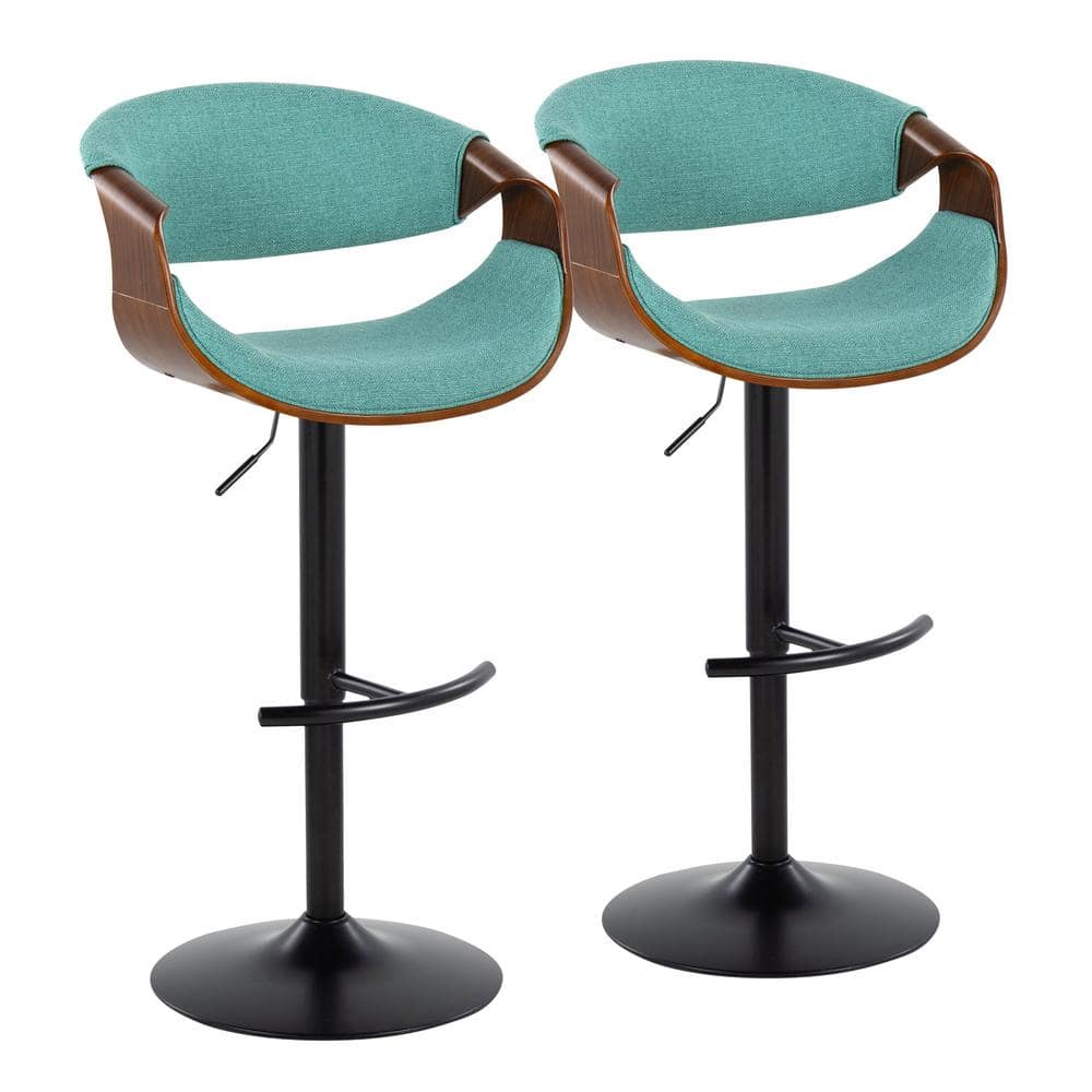 Lumisource Curvo 33.5 in. Teal Fabric, Walnut Wood and Black Metal Adjustable Bar Stool with ...