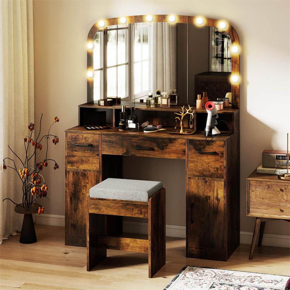Costway 2-Piece Rustic Brown Makeup Vanity Set with Large Mirror 3 ...