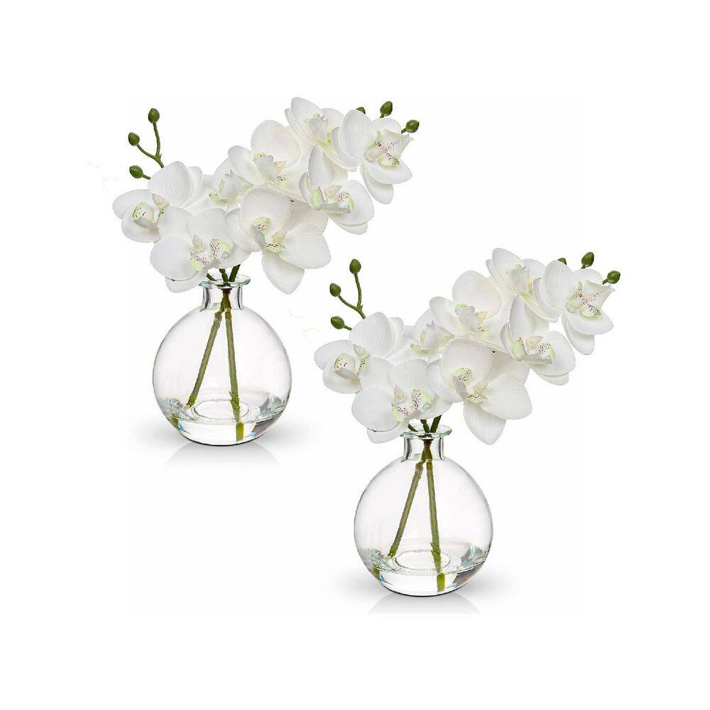 10 in. White Indoor Artificial Orchid Flower in Glass Vase (Set of 2 ...