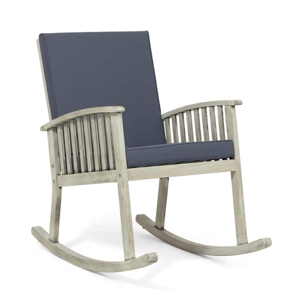 Jushua Gray Acacia Wood Outdoor Rocking Chair with Gray Cushions ...
