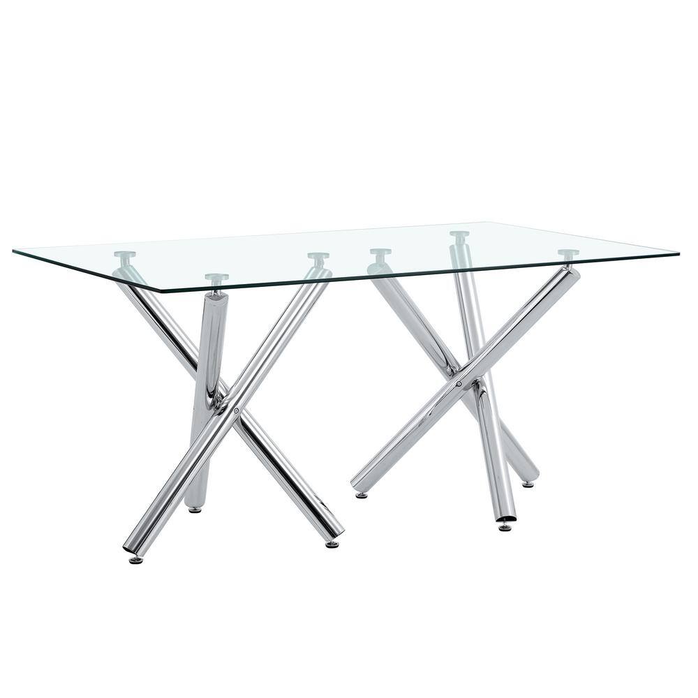 Polibi Large Modern Rectangular Clear Glass Dining Table 71 in. Silver ...