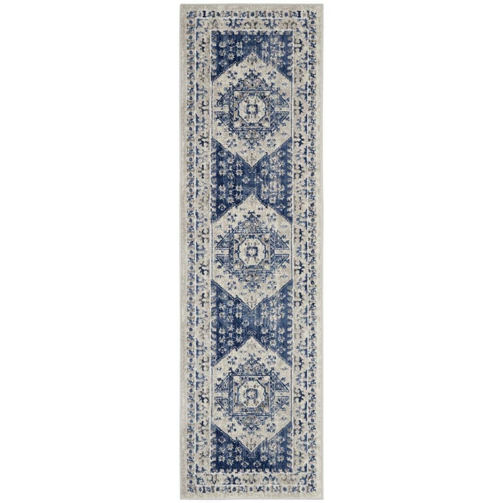 Nourison Cyrus Ivory Blue 2 ft. x 8 ft. Medallion Traditional Kitchen ...