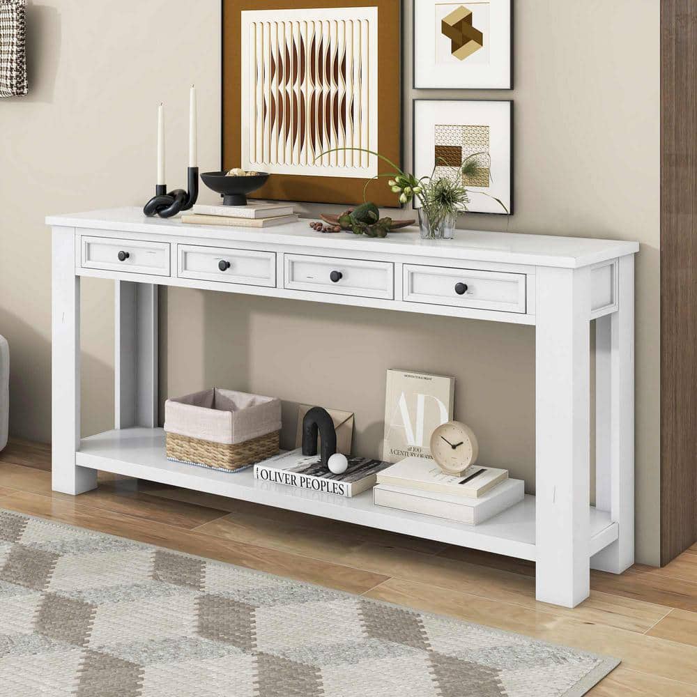 Polibi 63 in. Antique White Rectangle Wood Console Table with Storage ...