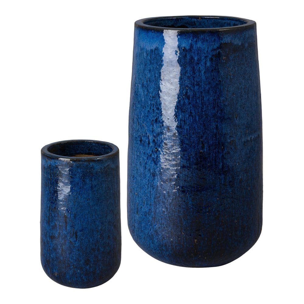 Emissary 33 in. H Blue Ceramic Round Planters with Drainage Hole (Set ...