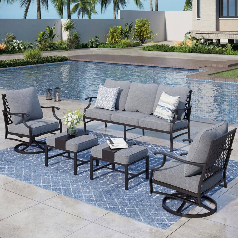 PHI VILLA Black 5-Piece Metal Meshed 7-Seat Outdoor Patio Conversation ...