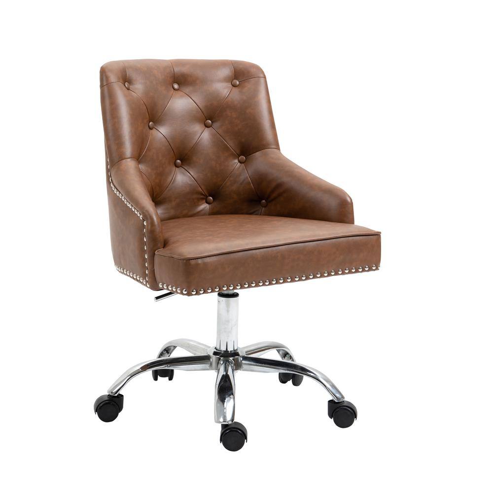 Brown Faux Leather Chair Cute Computer Task Chair with Armrest and ...