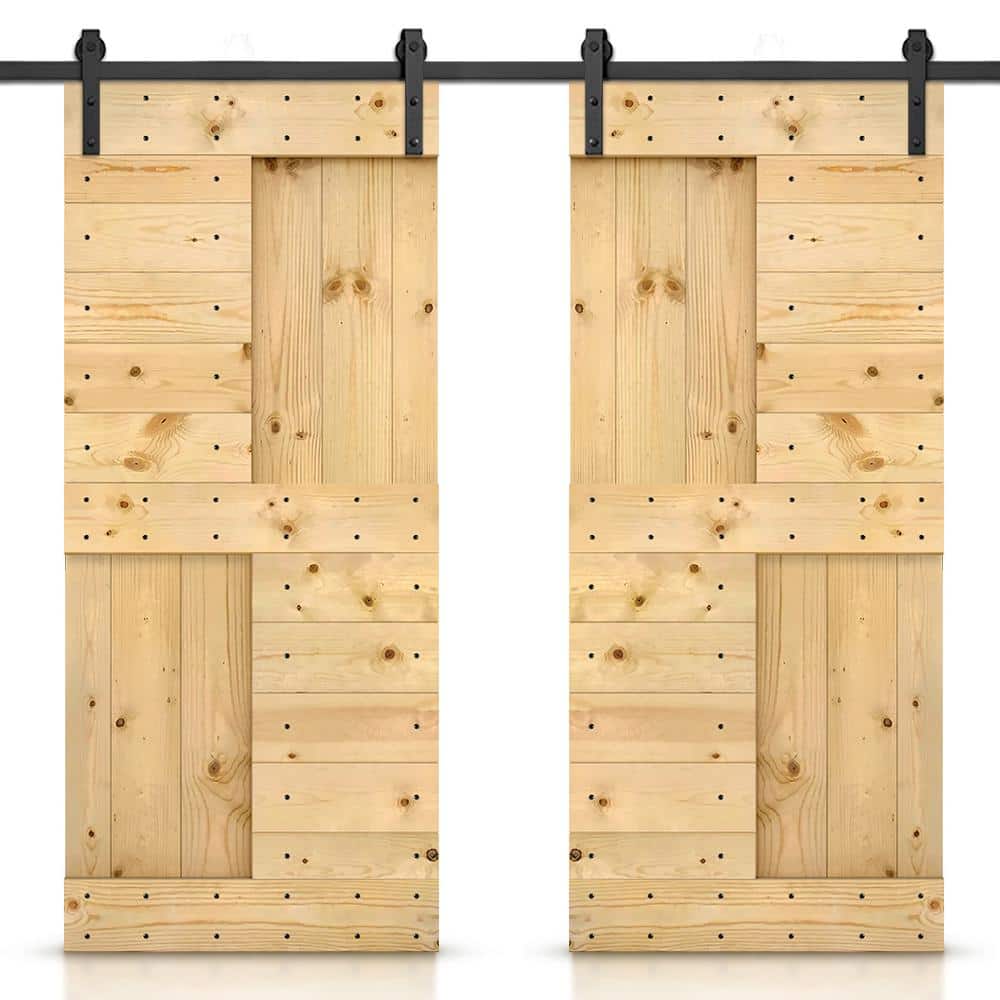 CALHOME 72 in. x 84 in. Unfinished DIY Knotty Pine Wood Interior Double Sliding Barn Door with ...